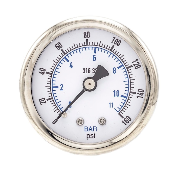 Pro 2 in Dial, 0/160 PSI & Bar, 1/4 in NPT, Back Mount Dry/Fillable Pressure Gauge PRO-302D-204F ...